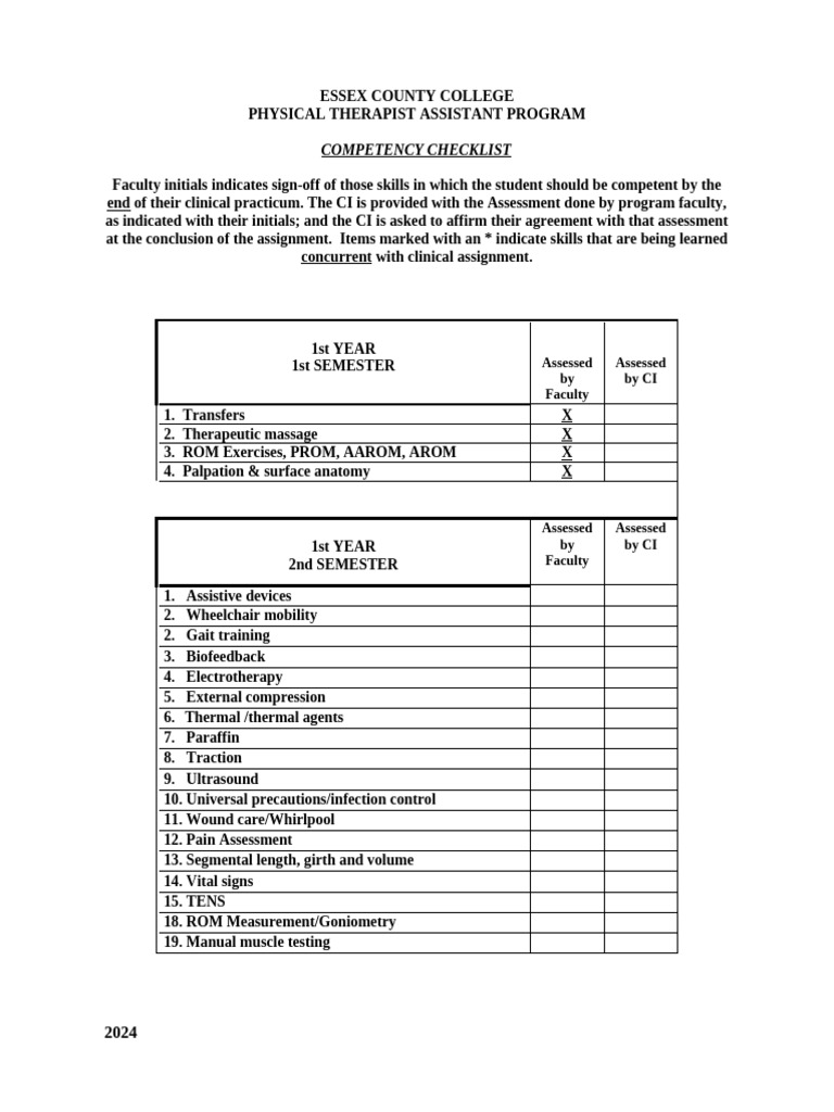 Essex County College PTA Competency Checklist | PDF | Physical Therapy ...
