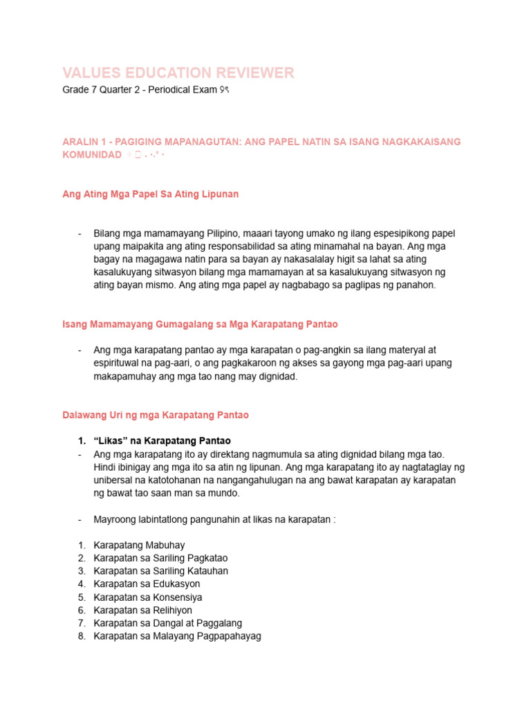 Values Education 7 Quarter 2 Reviewer | PDF