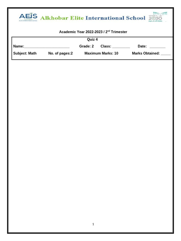 2nd Trimester Grade 2 Math Quiz | PDF