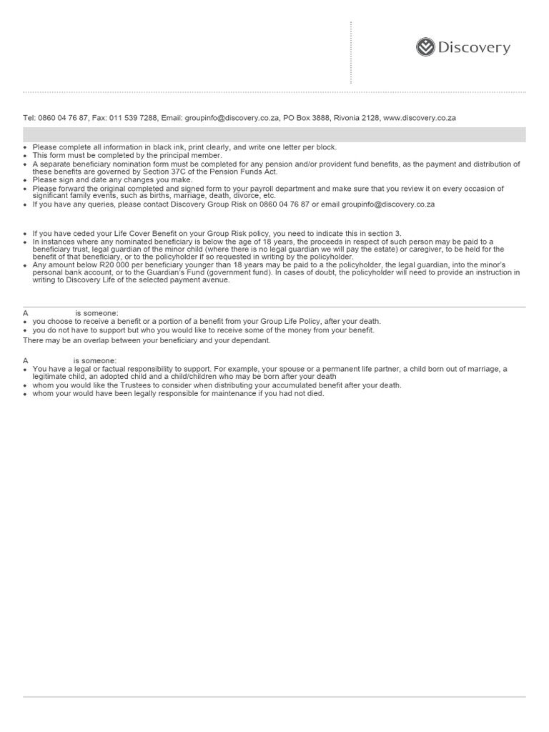 Discovery - Beneficiary Nomination Form Death and Funeral(1) | PDF ...