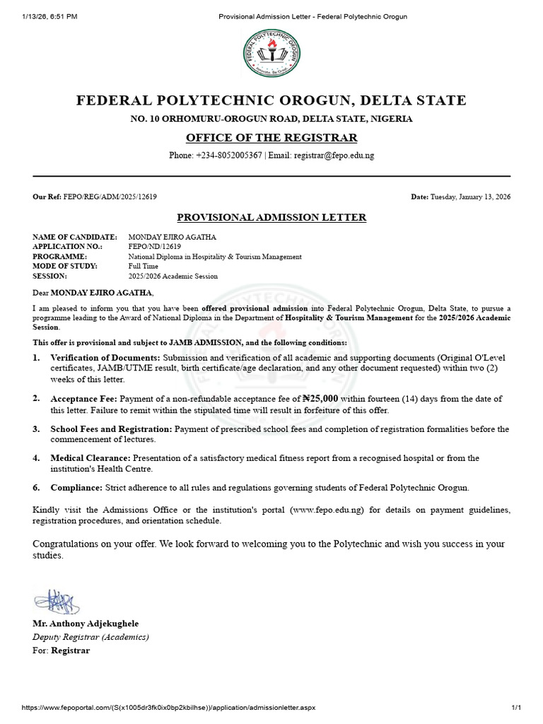 Provisional Admission Letter - Federal Polytechnic Orogun | PDF