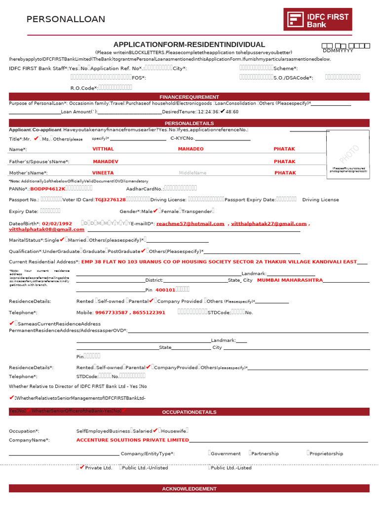 Personal Loan Application Form | PDF | Identity Document