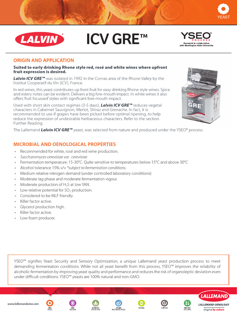 Lalvin ICV GRE™ Yeast for Wine Production | PDF | Fermentation In ...