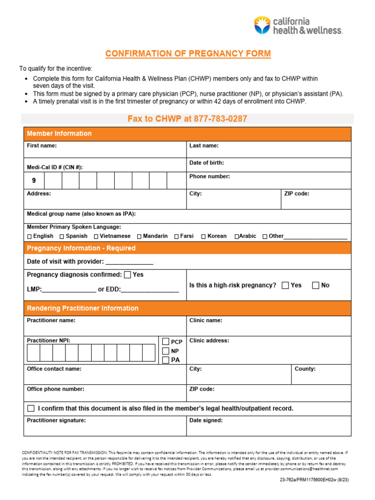 Confirmation of Pregnancy Form CHWP | PDF | Fax | Health Care