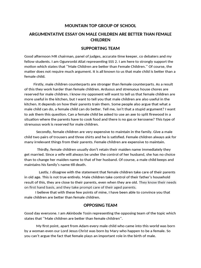 Mountain Top Group of School Argumentative Essay | PDF