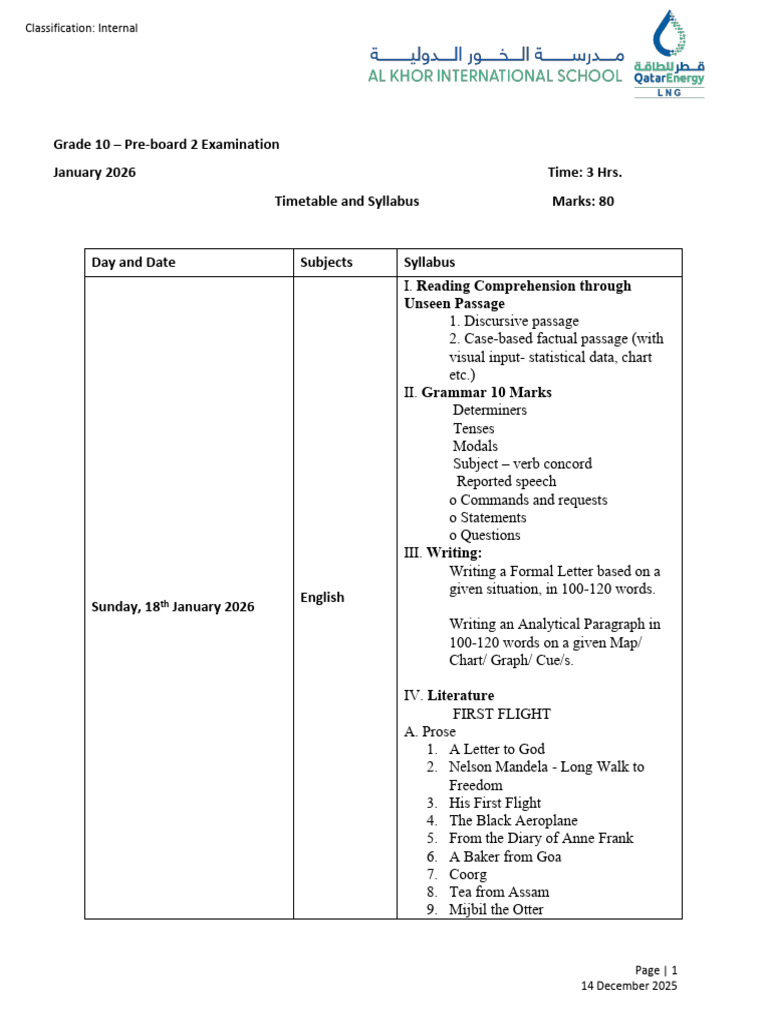 Grade 10 - Pre-Board 2 - Timetable and Syllabus - 2025-2026 | PDF