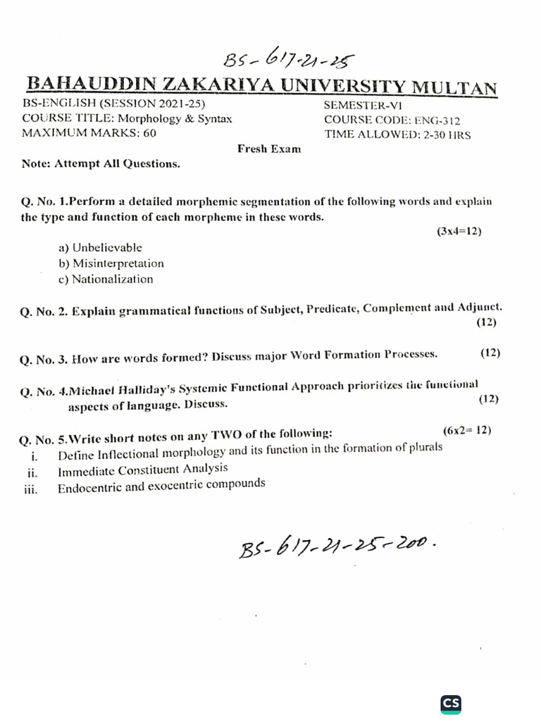 Past Papers BS English 6th Semester-1 | PDF