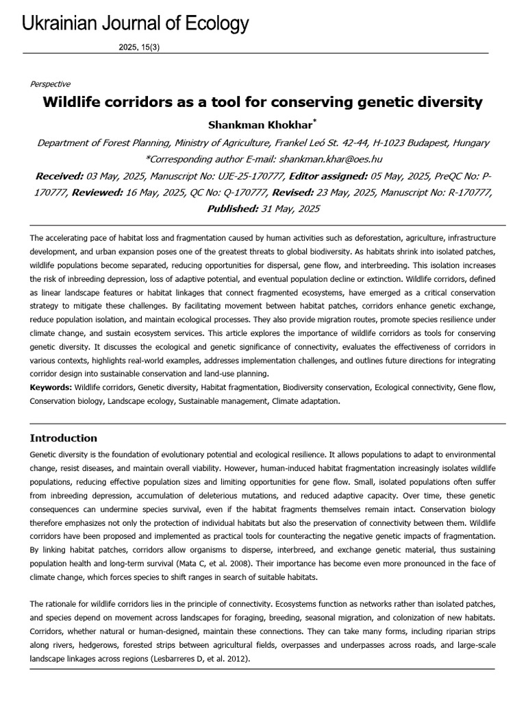Wildlife Corridors as a Tool for Conserving Genetic Diversity Copy ...