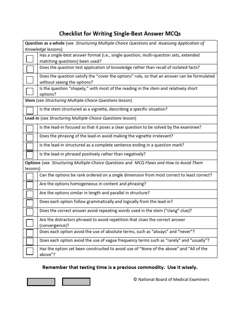 MCQ Writing Checklist for Assessments | PDF