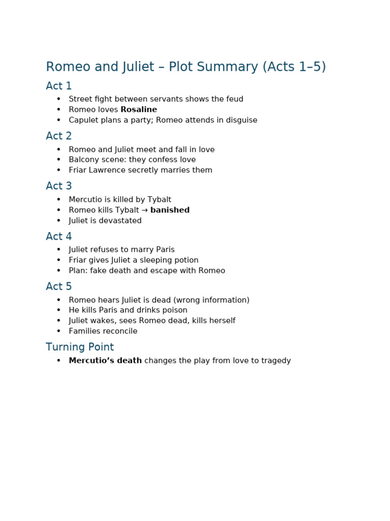 Romeo and Juliet – Plot Summary (Acts 1–5) | PDF