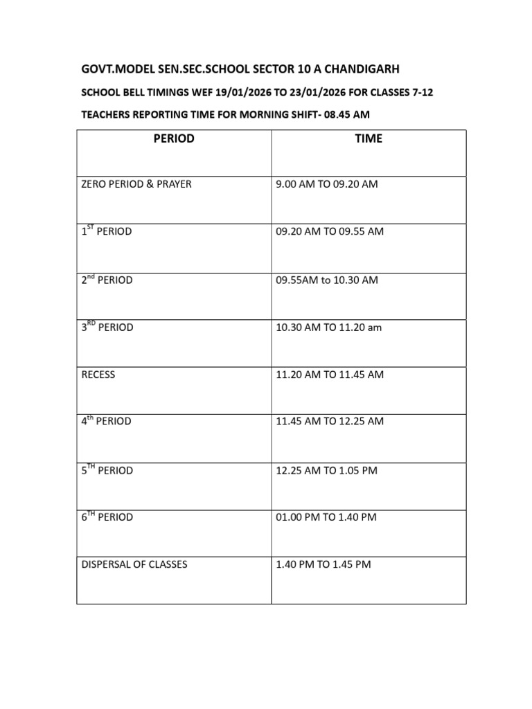 Chandigarh School Bell Timings 2026 | PDF