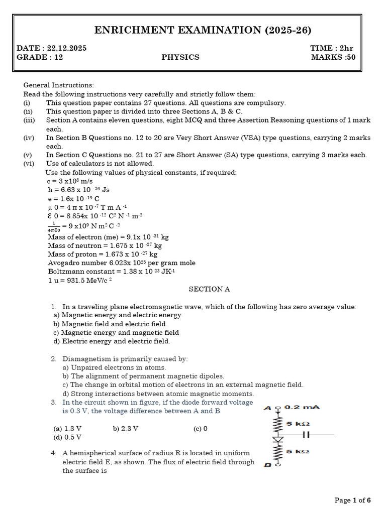 Grade 12 Physics Examination Paper | PDF | Inductance | Electron