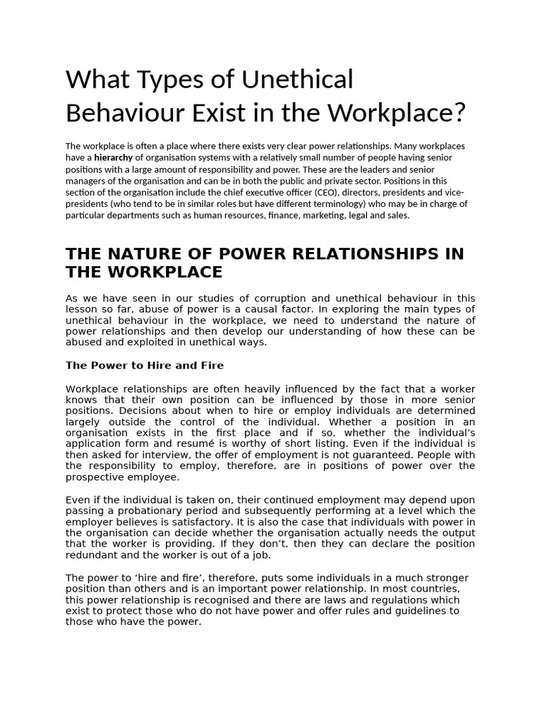 Types of Unethical Workplace Behavior | PDF | Bribery | Employment