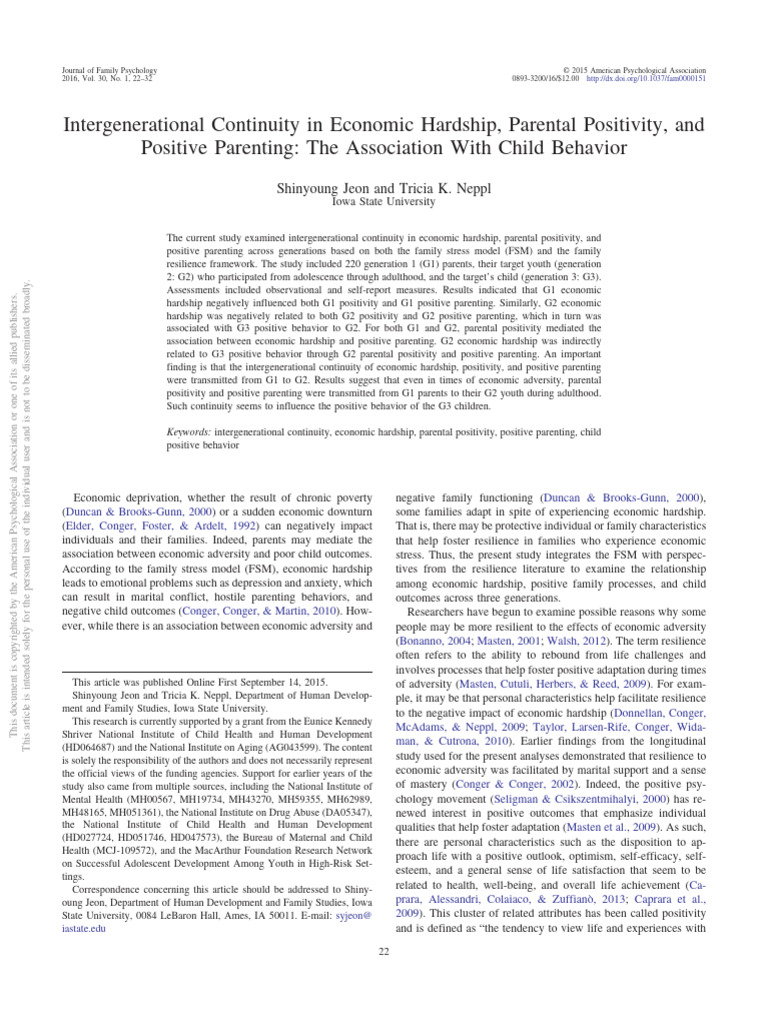 Jeon & Neppl, 2016 | PDF | Psychological Resilience | Parenting