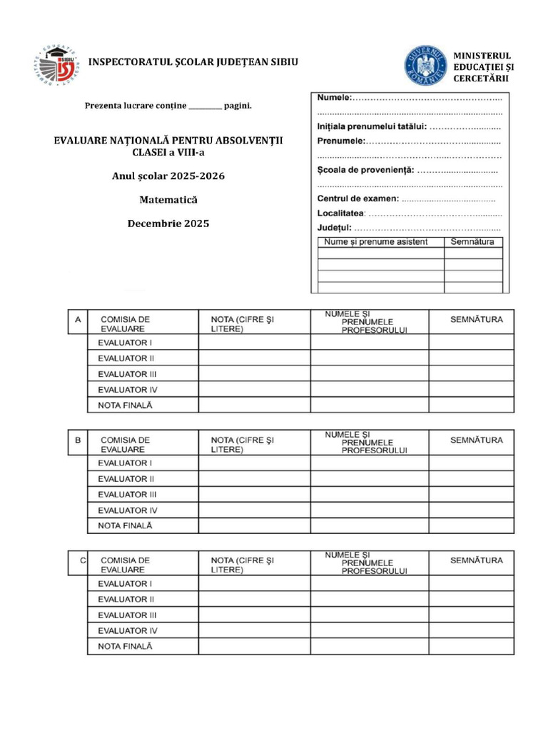 Simulare Judeteana Sibiu Enviii2026 Matematica Clasa a 8 a Subiecte PDF Din Decembrie 2025 1 | PDF