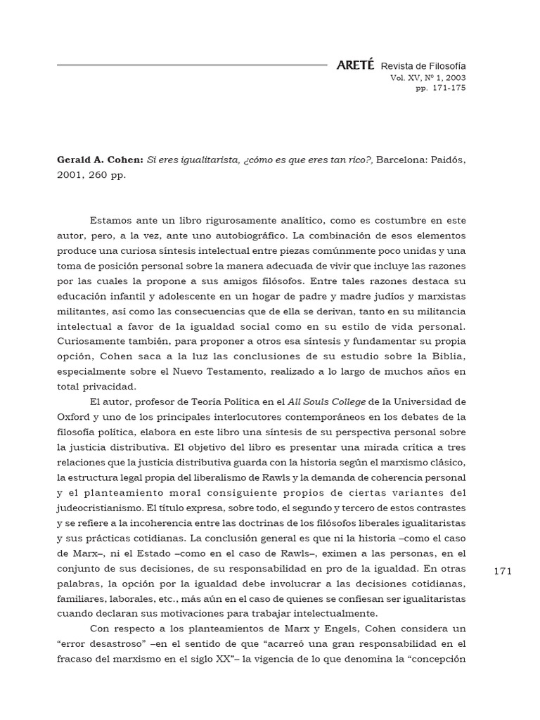 Gerald a Cohen Si Eres Igualitarista Como Es Que e | PDF | Igualitarismo | marxismo