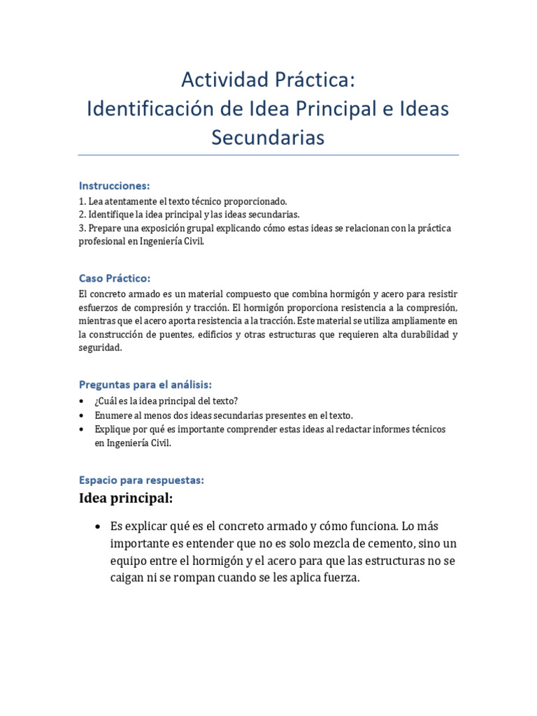 Idea Principal y Idea Secundaria | PDF | Hormigón | Concreto reforzado