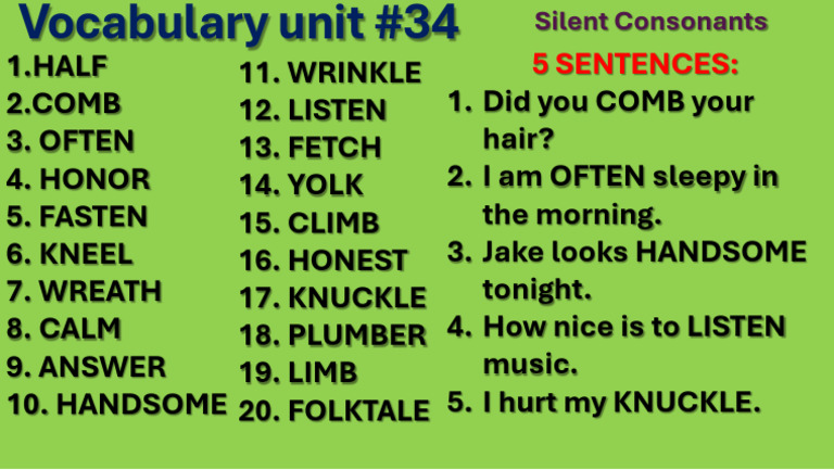 Vocabulary Unit #34 (Silent Consonants) | PDF