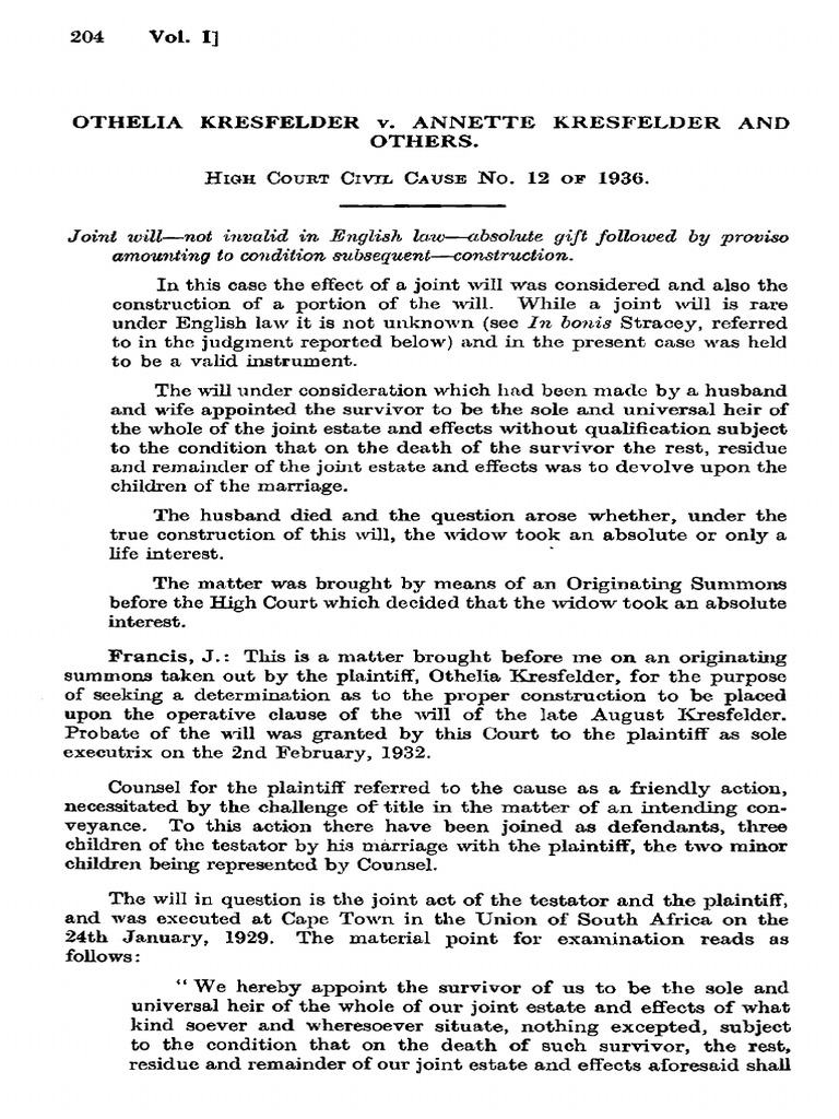 Othelia Kresfelder v Annette Kresfelder and Others (High Court Civil ...