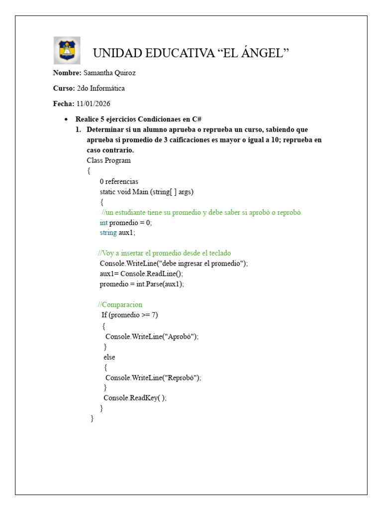 Tarea Programación Condicionales 1-5 | PDF | C Sharp (lenguaje de ...