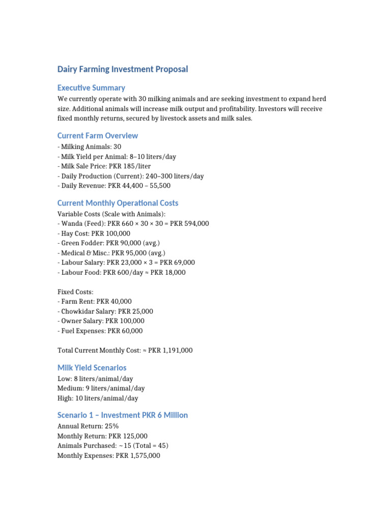 Dairy Farming Investment Proposal Overview | PDF | Investing | Farms