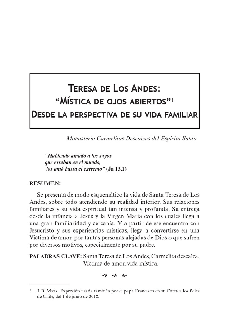Teresa de Los Andes Mística de Ojos Abiertos Desde La Perspectiva de Su Vida Familiar | PDF ...