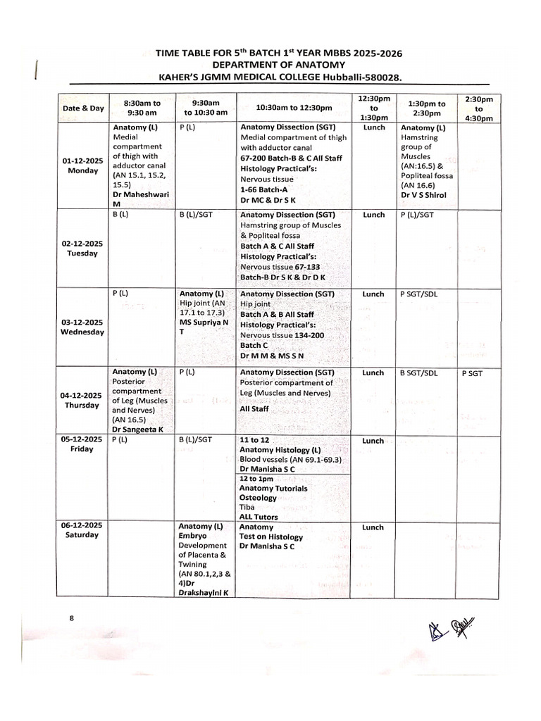 MBBS 1st Year Time Table for the Month of December 2025 | PDF