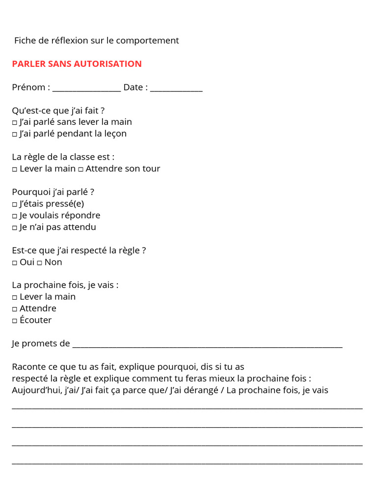 Fiches de réflexion sur le comportement scolaire | PDF