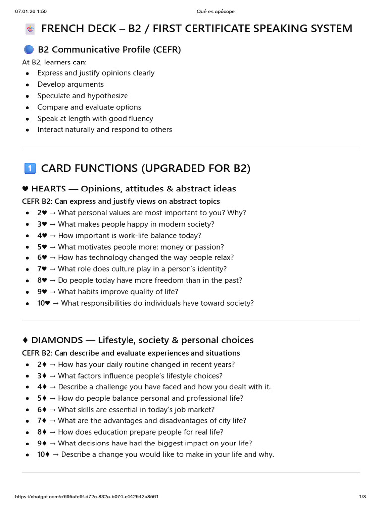 B2 Speaking System: French Deck Guide | PDF | Human Communication ...