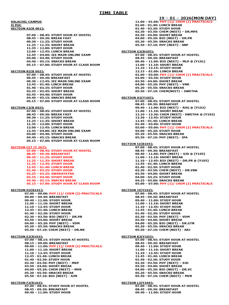 Time Table 19-01-2026 (Modified) | PDF | Tests | Labor