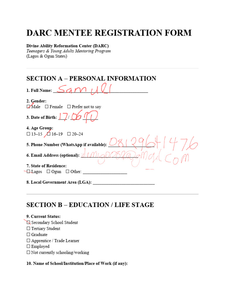 DARC Mentoring Program Registration Form | PDF | Mentorship