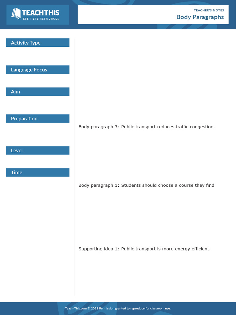 Body Paragraphs Worksheet | PDF | Transport | Public Transport