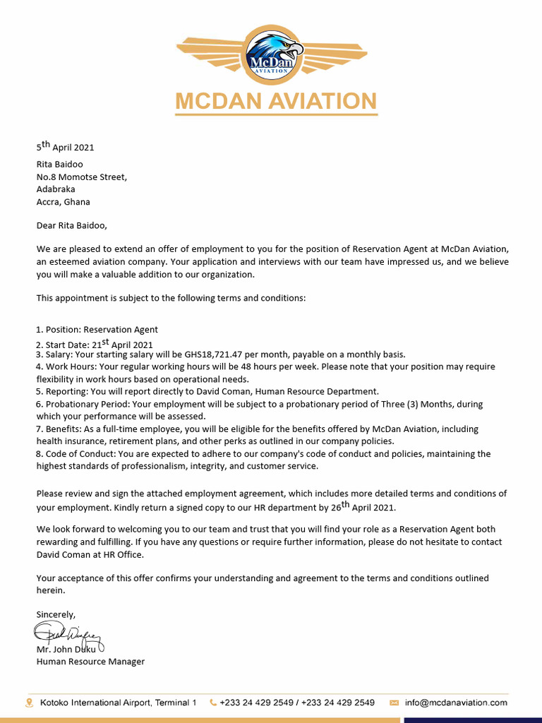 Mcdan Aviation Appointment Letter (2) | PDF