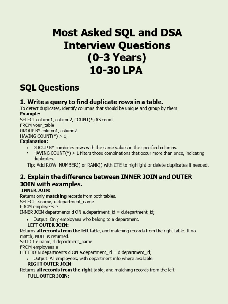 Real SQL and DSA Interview Questions | PDF | Computer Programming ...