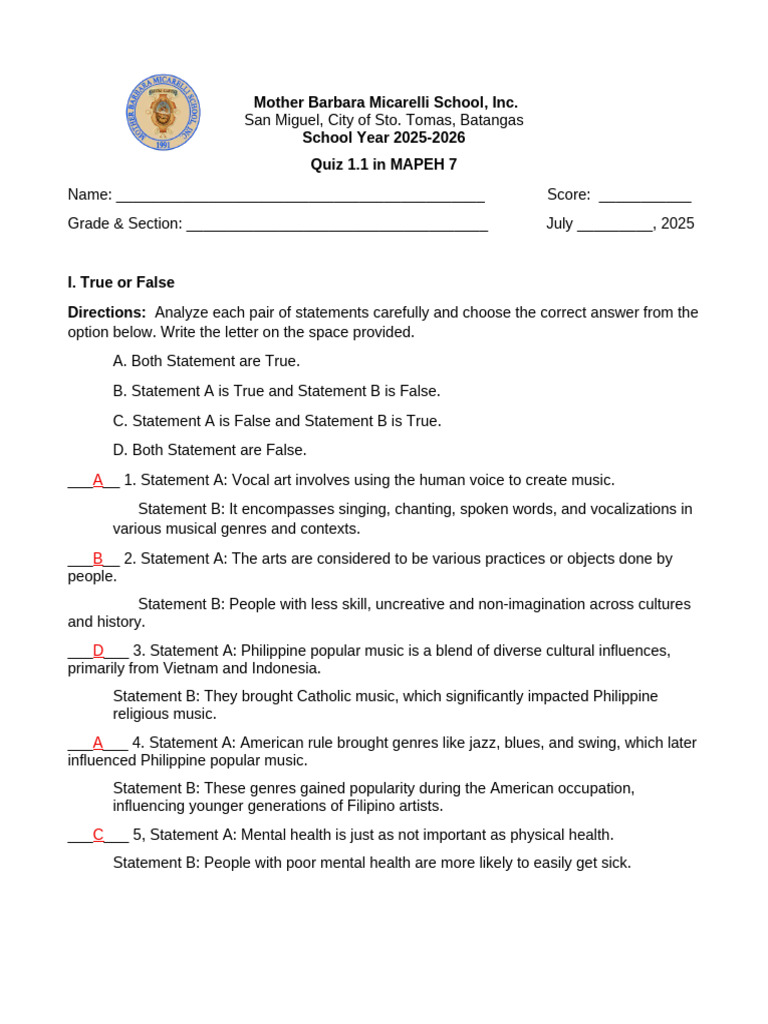 1.1 Quiz Mapeh 7 | PDF | Social Skills | Adolescence