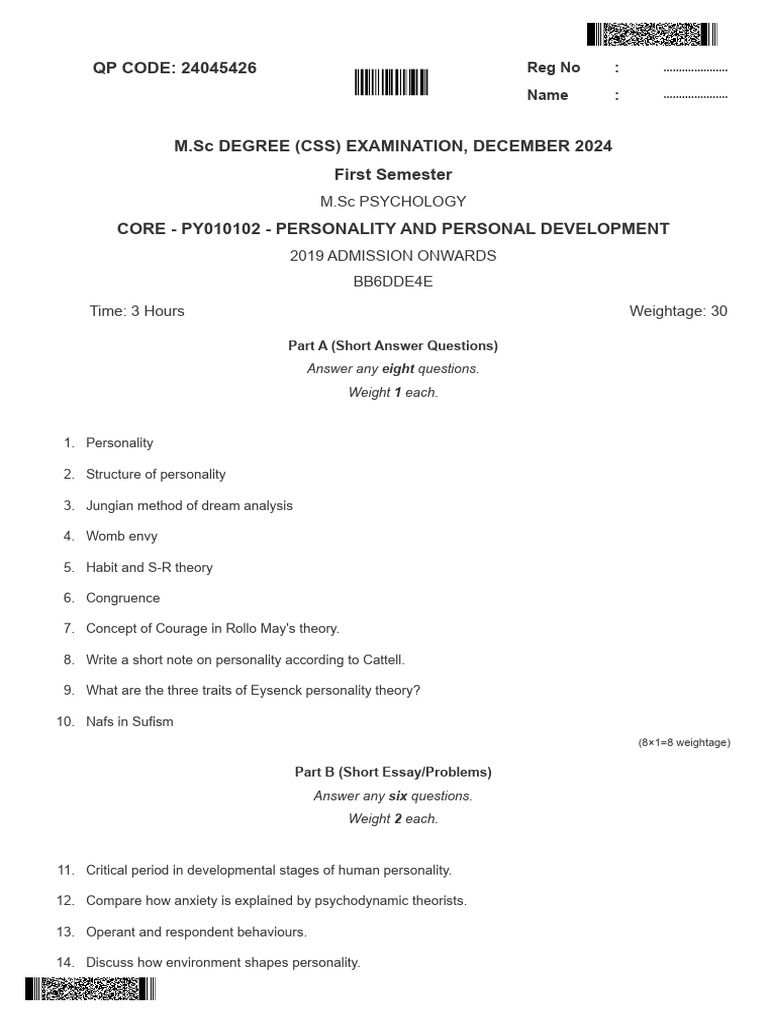 M.Sc Psychology Exam: Personality Development | PDF | Psychology ...