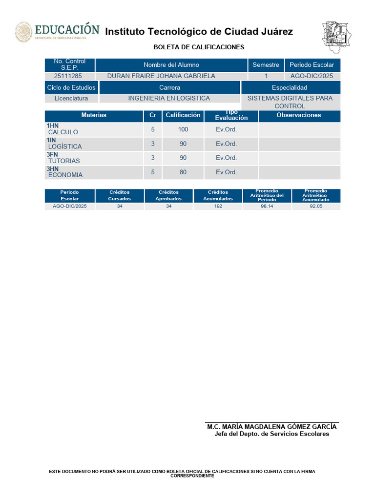 Boleta de Calificaciones - Ingeniería Logística | PDF