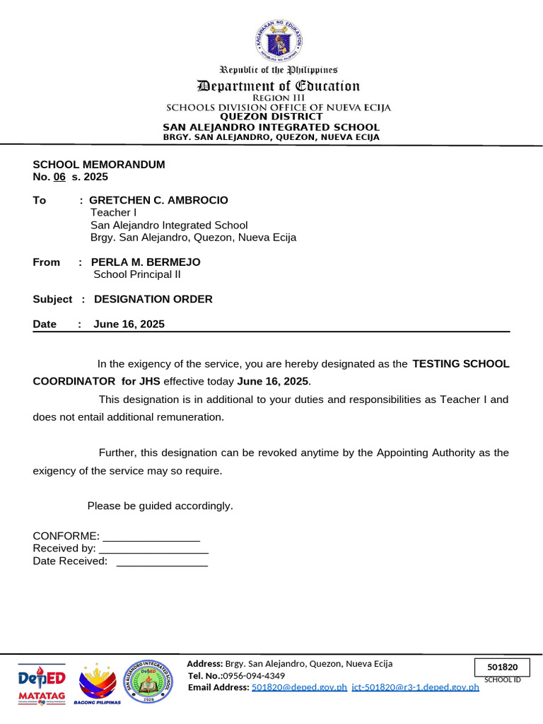 Designation Orders for School Coordinators | PDF | Teaching ...