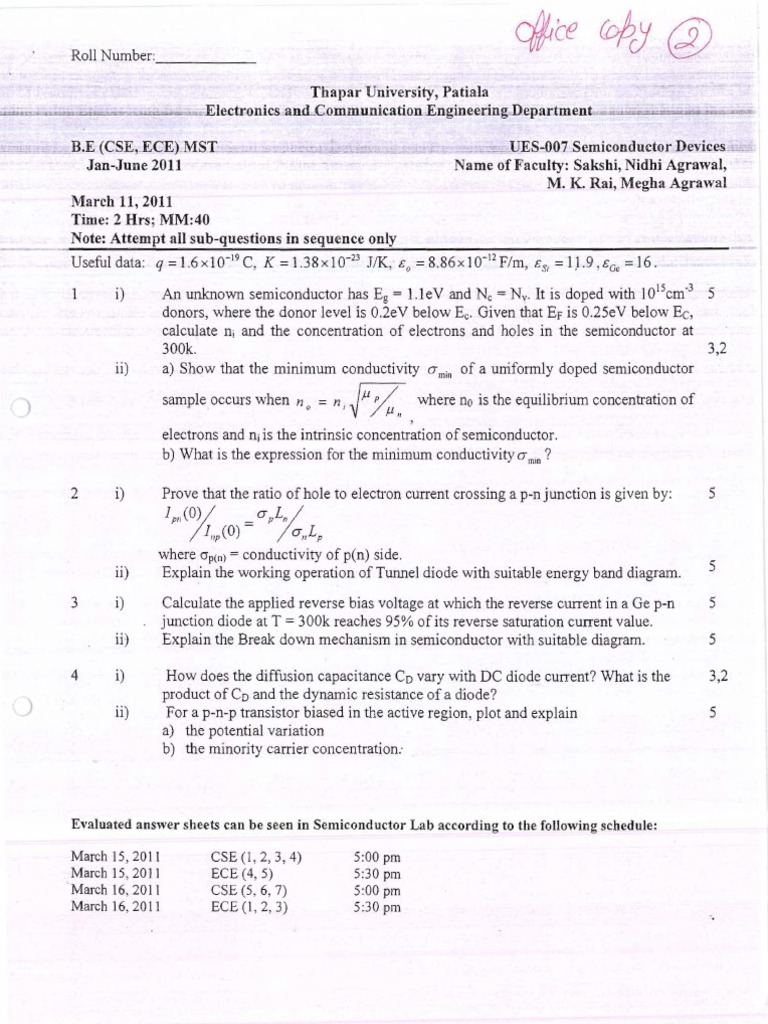 Semiconductor Devices Exam Paper | PDF | P–N Junction | Semiconductors
