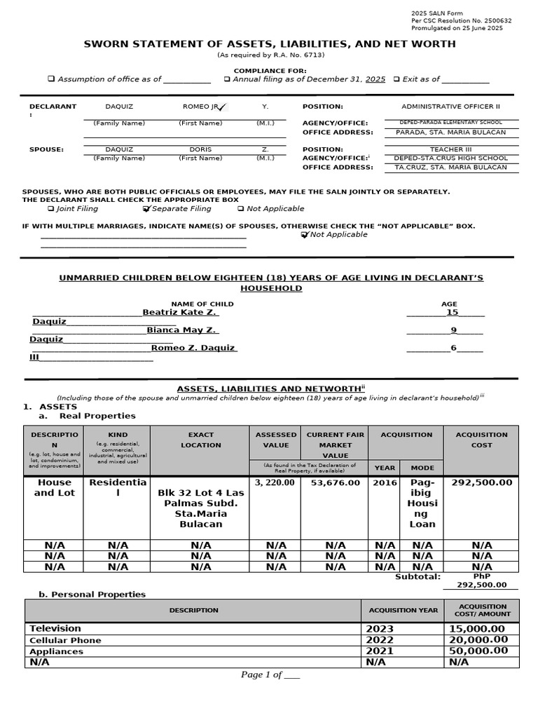 2025 SALN Form for Public Officials | PDF