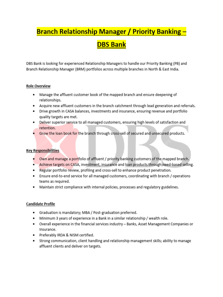 Branch Relationship Manager - DBS | PDF