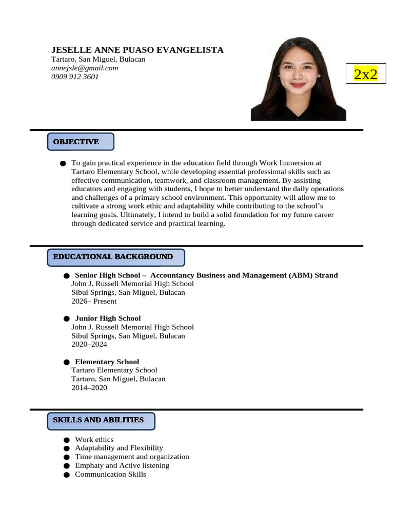 Sample Resume for Work Immersion 2025 2026 (1) | PDF | Teachers ...
