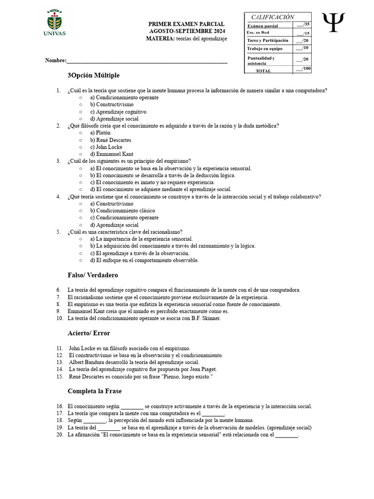 Examen Teorías del Aprendizaje 2024 | PDF | Conocimiento | Teoría del ...