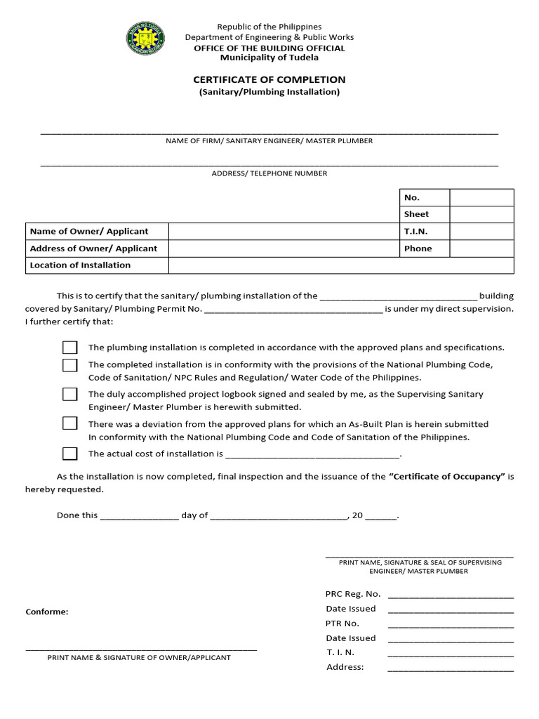 Sanitary or Plumbing Completion Form Occupancy 1 | PDF | Plumbing