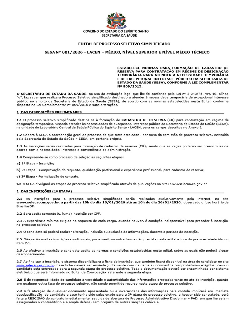 EDITAL N° 001_2026 – LACEN | PDF | Ciência Gastronômica