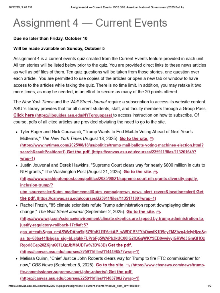 Current Events Quiz Assignment 4 | PDF | Donald Trump | American Government