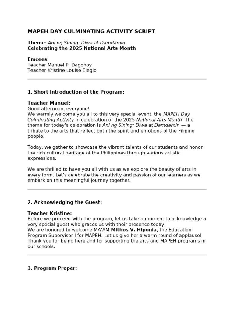 MAPEH Day 2025 Arts Celebration Script | PDF