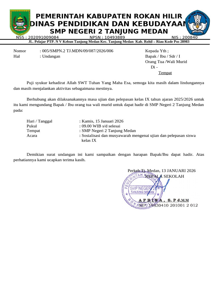 Undangan Ujian Kelas IX SMPN 2 Rohil | PDF