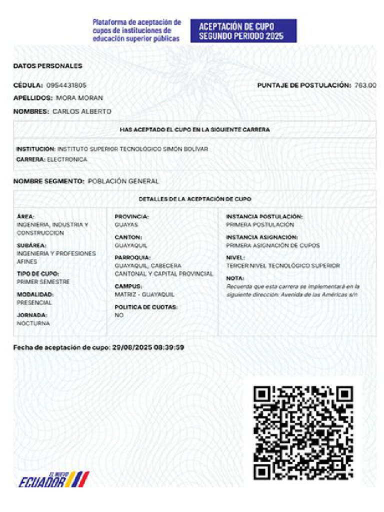 Aceptación de Cupo | PDF
