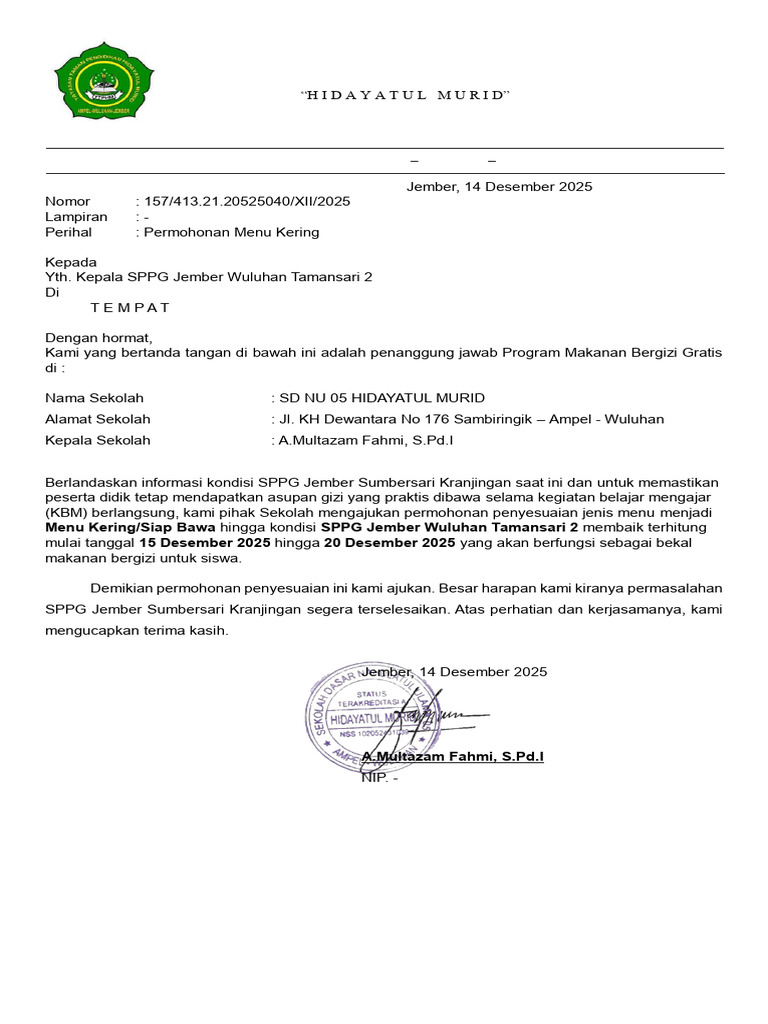 Permohonan Menu Kering SD NU 05 Jember | PDF